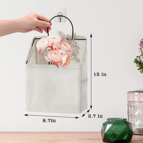 Fun Land Set of 2 Wall Hanging Organizer Bag, Over Door Hanging Storage Basket Organizing, Foldable Wall Container Handle, Waterproof Wall Holder 2 Hooks Bedroom, Bathroom, Office, Beige (GD-001-2)