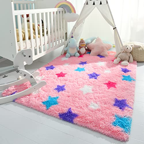 ST. BRIDGE Soft Shag Rug for Girls Bedroom, Fluffy Bedroom Carpet for Princess Castle Baby Toddlers Kids Room Decor, Anti-Skid Fuzzy Cute Nursery Mats Living Room Dorm Plush Carpet, Pink 3 x 5 Feet