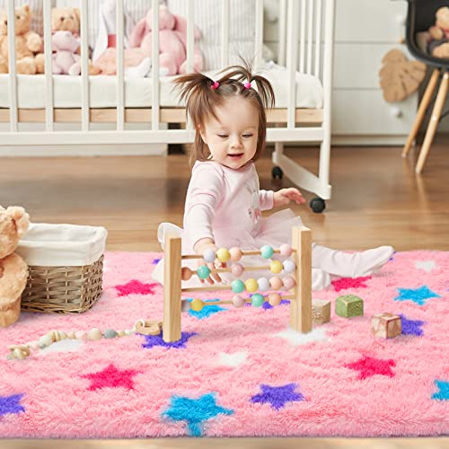 ST. BRIDGE Soft Shag Rug for Girls Bedroom, Fluffy Bedroom Carpet for Princess Castle Baby Toddlers Kids Room Decor, Anti-Skid Fuzzy Cute Nursery Mats Living Room Dorm Plush Carpet, Pink 3 x 5 Feet