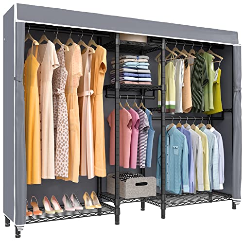 VIPEK V6C Heavy Duty Covered Clothes Rack Portable Wardrobe Closet, 5 Tiers Wire Garment Rack Black Metal Clothing Rack with Grey Oxford Fabric Cover, 75.6" L x 18.5" W x 76.8" H, Max Load 780 LBS