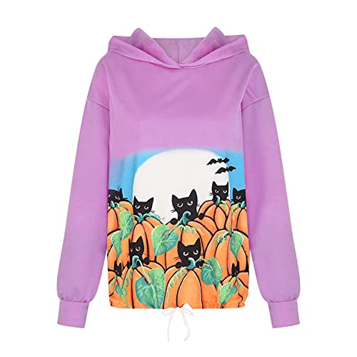 Halloween Hooded Pullover for Women Loose Cute Pumpkin Cat Graphic Tops Casual Daily Hoodie Blouse Top Pink