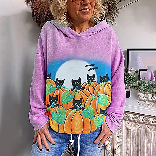 Halloween Hooded Pullover for Women Loose Cute Pumpkin Cat Graphic Tops Casual Daily Hoodie Blouse Top Pink