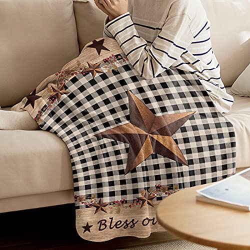 Plush Fuzzy Fleece Lightweight Throw Blanket Western Texas Star and Primitive Berries Country Wooden Plank Super Soft Reversible Microfiber Flannel Blankets for Couch, Bed, Sofa (39"x49")