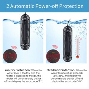 AQQA Aquarium Heater 500W 800W Submersible Fish Tank Heater with Double Explosion-Proof Quartz Tubes and External LED Display Controller for Marine Saltwater and Freshwater