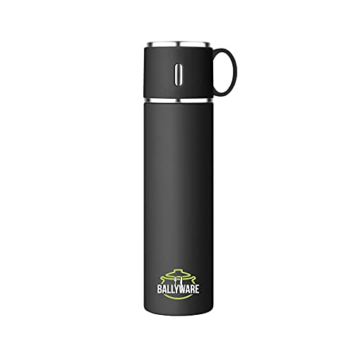 Ballyware 20oz Stainless Steel Vacuum Insulated Flask, Leak Proof Thermos For Hot Drinks With Cup - For Indoor and Outdoor (Black)