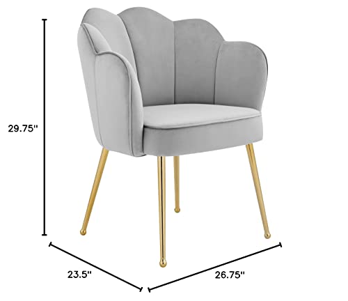 Iconic Home Mia Rose Dining Side Chair Velvet Upholstery Scalloped Clamshell Back Gold Plated Solid Metal Legs (1 Piece) Modern Transitional, Silver