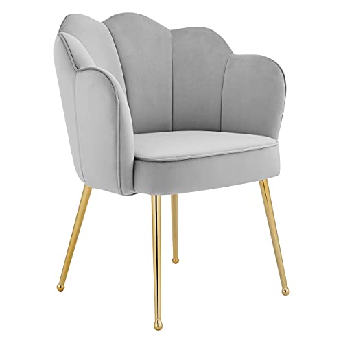 Iconic Home Mia Rose Dining Side Chair Velvet Upholstery Scalloped Clamshell Back Gold Plated Solid Metal Legs (1 Piece) Modern Transitional, Silver