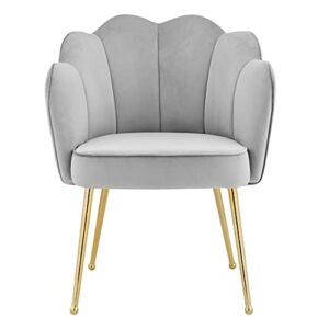 Iconic Home Mia Rose Dining Side Chair Velvet Upholstery Scalloped Clamshell Back Gold Plated Solid Metal Legs (1 Piece) Modern Transitional, Silver