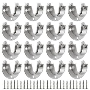 16 pcs stainless steel closet rod brackets, 1 inch dia heavy duty socket flange rod holder, shower curtain rod pole end supports, open type wardrobe bracket holder with screws u-shaped, silver