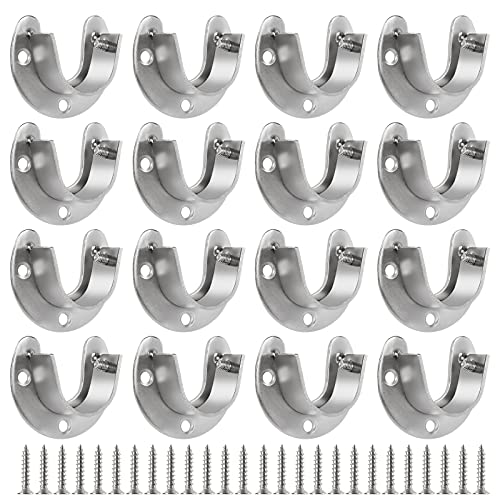 16 PCS Stainless Steel Closet Rod Brackets, 1 Inch Dia Heavy Duty Socket Flange Rod Holder, Shower Curtain Rod Pole End Supports, Open Type Wardrobe Bracket Holder with Screws U-Shaped, Silver