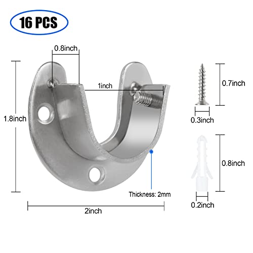 16 PCS Stainless Steel Closet Rod Brackets, 1 Inch Dia Heavy Duty Socket Flange Rod Holder, Shower Curtain Rod Pole End Supports, Open Type Wardrobe Bracket Holder with Screws U-Shaped, Silver