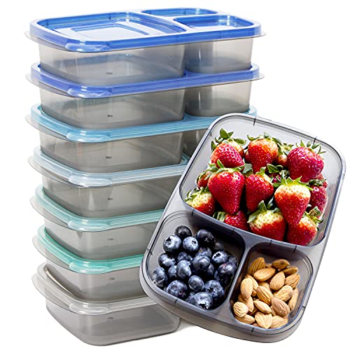 Youngever 7 Sets Bento Lunch Box, Meal Prep Containers, Reusable 3 Compartment Plastic Divided Food Storage Container Boxes