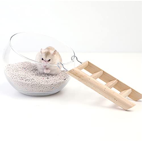 Kelendle Hamster Glass Bathroom with Wooden Ladder Transparent Glass Hamster Toilet Hamster Sand Bath Container Small Animal Cage Accessories for Indoor and Outdoor Decoration