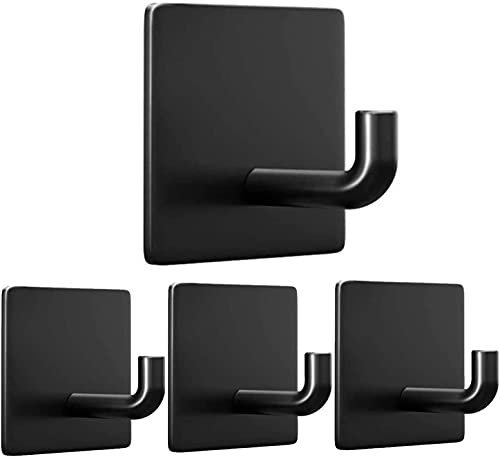 MSLIN Heavy Duty Adhesive Hooks, Stick on Wall Adhesive Hangers, Strong Stainless Steel Holder, Self Adhesive Hooks for Kitchen Bathroom Home Door Towel Coat Key Robe 4 Packs (Black)