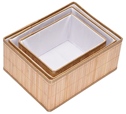 Bamboo Storage Baskets, Set of 3; All-Natural Organizer Bins with Fabric Liner on Inside; Boxes Great for Kitchen, Pantry, Bathroom, Closets, Storage, Shelving, Toys; 3 Sizes: Small, Medium, Large