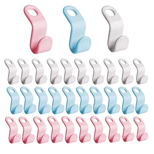 SDUSEIO 30 Pieces Clothes Hanger Connector Hooks Hanger Clip Drop Connecting Grip Clothing Rack Extension Space Saving Hook Home Storage Hook for Coat Hangers Organizer,White+Pink+Blue