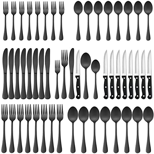 Black Silverware Set with Steak Knives, 48-Piece HaWare Stainless Steel Flatware Cutlery Set for 8, Fancy Eating Utensils Set For Home Restaurant Hotel, Include Knives, Forks, Spoons, Dishwasher Safe