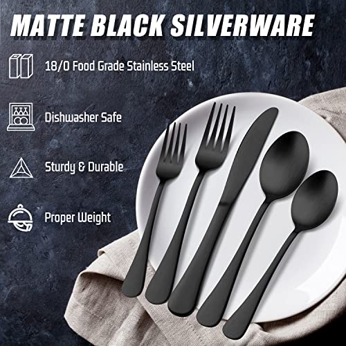 Black Silverware Set with Steak Knives, 48-Piece HaWare Stainless Steel Flatware Cutlery Set for 8, Fancy Eating Utensils Set For Home Restaurant Hotel, Include Knives, Forks, Spoons, Dishwasher Safe