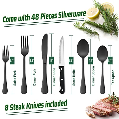 Black Silverware Set with Steak Knives, 48-Piece HaWare Stainless Steel Flatware Cutlery Set for 8, Fancy Eating Utensils Set For Home Restaurant Hotel, Include Knives, Forks, Spoons, Dishwasher Safe