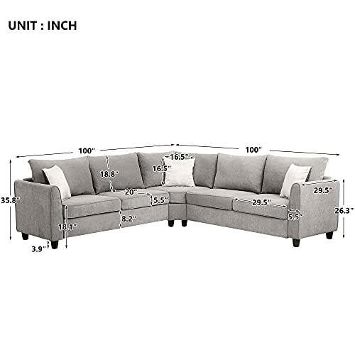 Melpomene 100"x100" inches Oversized Fabric Grey Sectional Sofa Couch L Shape Corner Couch for Living Room/Home/Company 3 Pillows Included