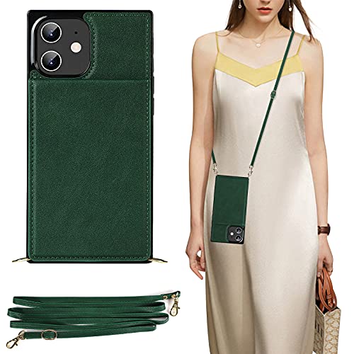 Pretocter Universal for iPhone 12 iPhone 12 Pro Crossbody Wallet Case with Credit Card Holder, Detachable Cross Body Strap Lanyard Kickstand Shockproof Magnetic Leather Phone Cover, 6.1 inch Green