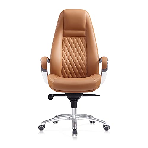 Genuine Leather Office Chair with High Back Aluminum Swivel Base Ergonomic Synchro-Tilt Reclining Mechanism Real Leather Executive Chair-Brown