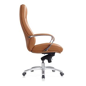 Genuine Leather Office Chair with High Back Aluminum Swivel Base Ergonomic Synchro-Tilt Reclining Mechanism Real Leather Executive Chair-Brown