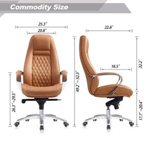 Genuine Leather Office Chair with High Back Aluminum Swivel Base Ergonomic Synchro-Tilt Reclining Mechanism Real Leather Executive Chair-Brown