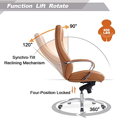 Genuine Leather Office Chair with High Back Aluminum Swivel Base Ergonomic Synchro-Tilt Reclining Mechanism Real Leather Executive Chair-Brown