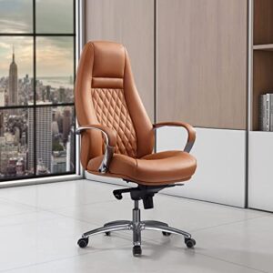 Genuine Leather Office Chair with High Back Aluminum Swivel Base Ergonomic Synchro-Tilt Reclining Mechanism Real Leather Executive Chair-Brown