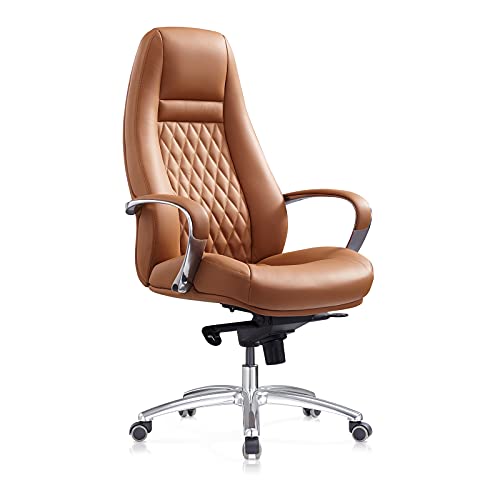 Genuine Leather Office Chair with High Back Aluminum Swivel Base Ergonomic Synchro-Tilt Reclining Mechanism Real Leather Executive Chair-Brown