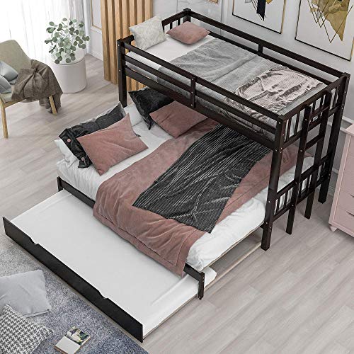 Twin Over Double Twin Bunk Bed with Trundle, Convertible Bottom Bed, Pull-Out Multi-Functional Bunk Bed Can for 4 People, Wooden Bunk Bed with Ladder and Safety Rail, Espresso