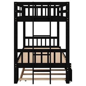 Twin Over Double Twin Bunk Bed with Trundle, Convertible Bottom Bed, Pull-Out Multi-Functional Bunk Bed Can for 4 People, Wooden Bunk Bed with Ladder and Safety Rail, Espresso