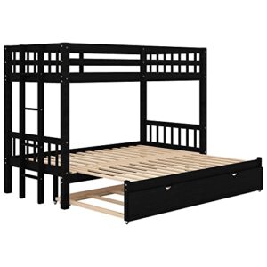 Twin Over Double Twin Bunk Bed with Trundle, Convertible Bottom Bed, Pull-Out Multi-Functional Bunk Bed Can for 4 People, Wooden Bunk Bed with Ladder and Safety Rail, Espresso