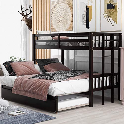 Twin Over Double Twin Bunk Bed with Trundle, Convertible Bottom Bed, Pull-Out Multi-Functional Bunk Bed Can for 4 People, Wooden Bunk Bed with Ladder and Safety Rail, Espresso