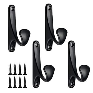 exxacttorch 4 pack single prong wall mounted hat towel bag hanger, decorative art coat hooks with deep curve, solid zinc alloy wall hooks holder for keys, umbrella, matte black