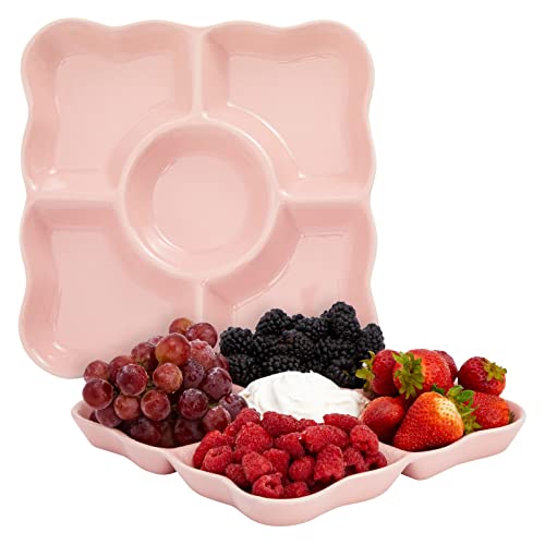 Juvale 2 Pack Porcelain Divided Serving Tray for Appetizers, 5 Compartments (Light Pink, 9.5 In)