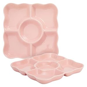 Juvale 2 Pack Porcelain Divided Serving Tray for Appetizers, 5 Compartments (Light Pink, 9.5 In)