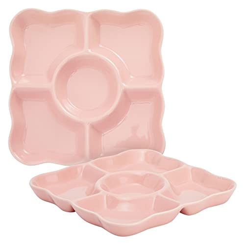 Juvale 2 Pack Porcelain Divided Serving Tray for Appetizers, 5 Compartments (Light Pink, 9.5 In)