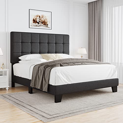 HOOMIC Queen Size Upholstered Panel Bed for Box Spring, with Box-Tufted Adjustable Headboard, Easy Assembly, Grey Fabric