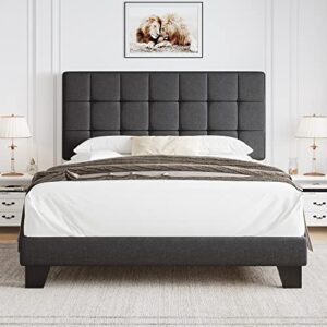 HOOMIC Queen Size Upholstered Panel Bed for Box Spring, with Box-Tufted Adjustable Headboard, Easy Assembly, Grey Fabric