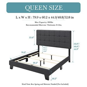 HOOMIC Queen Size Upholstered Panel Bed for Box Spring, with Box-Tufted Adjustable Headboard, Easy Assembly, Grey Fabric