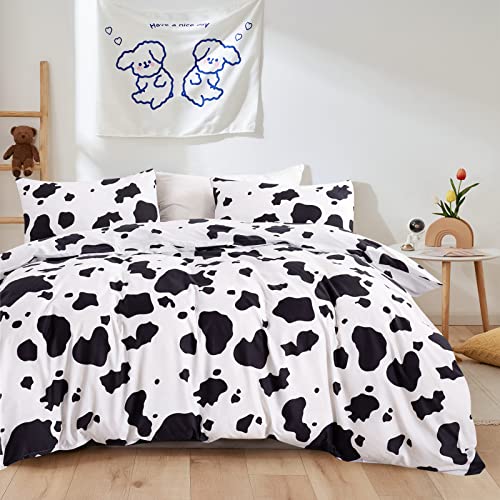 HYPREST Cow Printed Duvet Cover Set Queen Size, 3 Pcs Ultra Soft Cute Duvet Cover Set with Zipper and Corner Ties, Oeko-TEX Certificated