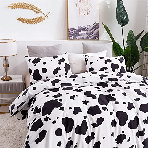 HYPREST Cow Printed Duvet Cover Set Queen Size, 3 Pcs Ultra Soft Cute Duvet Cover Set with Zipper and Corner Ties, Oeko-TEX Certificated