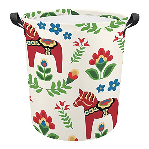 Laundry Hamper Basket Swedish Folk Dala Horses Laundry Bag Collapsible Oxford Cloth Stylish Home Storage Bin with Handles