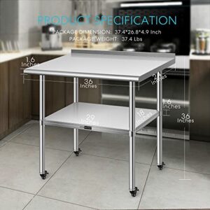 VIVOHOME 24 x 36 Inch Stainless Steel Work Table with Backsplash, Food Prep Commercial Table with Wheels for Restaurant, Hotel, Home and Warehouse