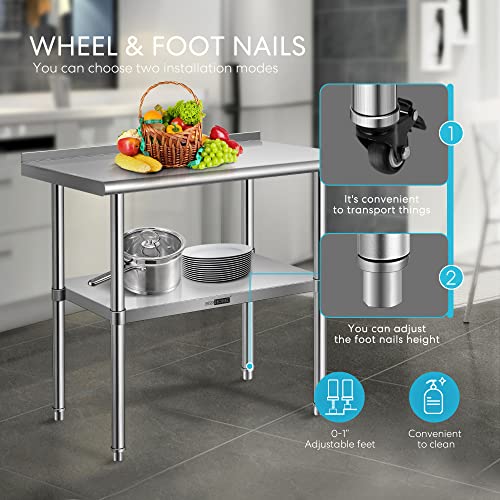 VIVOHOME 24 x 36 Inch Stainless Steel Work Table with Backsplash, Food Prep Commercial Table with Wheels for Restaurant, Hotel, Home and Warehouse