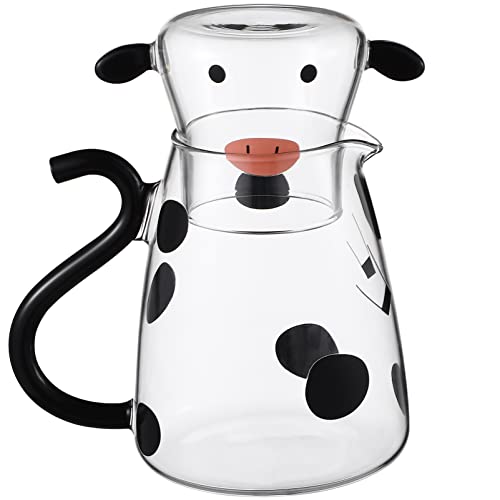 Cabilock Bedside Carafe Glass Water Pitcher Cute Cow Water Carafe with Glass Cup for Nightstand 550ml Glass Pitcher with Lid for Juice Tea Milk