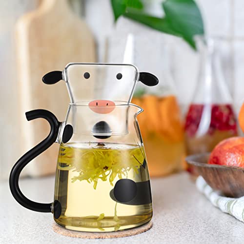 Cabilock Bedside Carafe Glass Water Pitcher Cute Cow Water Carafe with Glass Cup for Nightstand 550ml Glass Pitcher with Lid for Juice Tea Milk