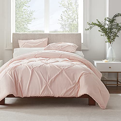 SERTA Simply Clean Ultra Soft 3 Piece Hypoallergenic Stain Resistant Pleated Duvet Cover Set, Full/Queen, Blush